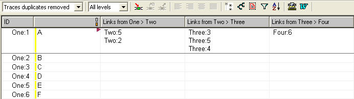 DOORS screenshot showing a recursive trace though four modules, which has been customised to ...